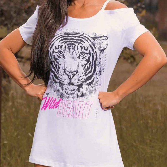 Hipkini | Dresses | Hipkini White Tiger Mini Dress Cold Shoulder M Nwt ...